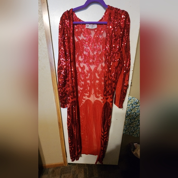 southern fried chics | Jackets & Coats | Red Sequin Long Duster | Poshmark